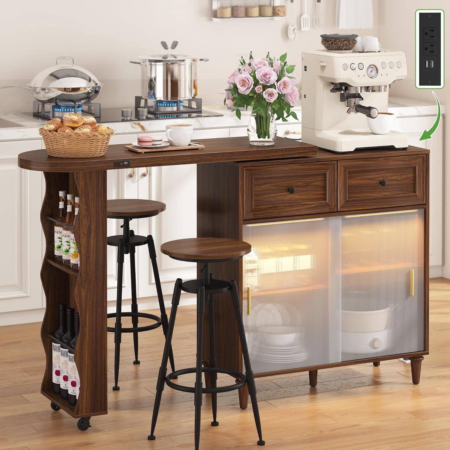 69" Kitchen Island with 360° Rotating Table, Bluetooth Speakers, LED ...