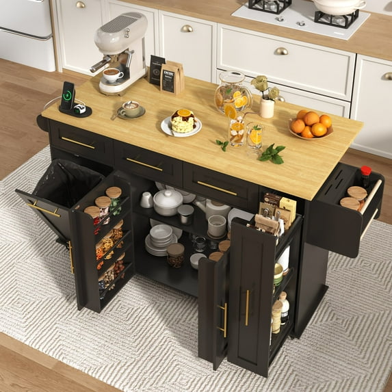 69" Large Kitchen Island with Drop Leaf, Mobile Kitchen Cart with 10 ...