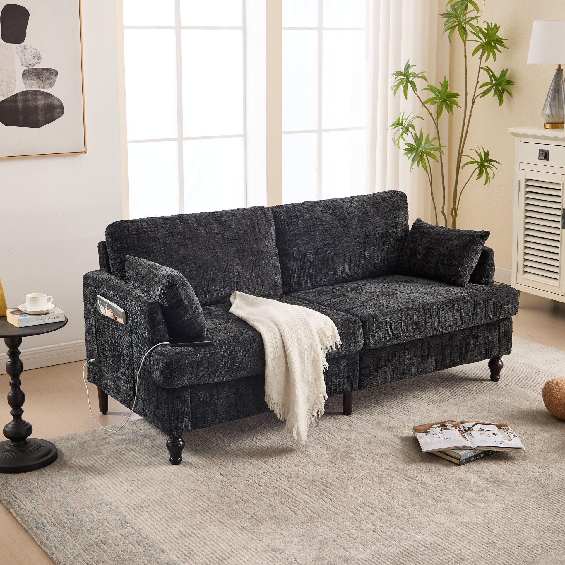 69" Loveseat Sofa with USB Charging Port and Wood Legs, Chenille ...