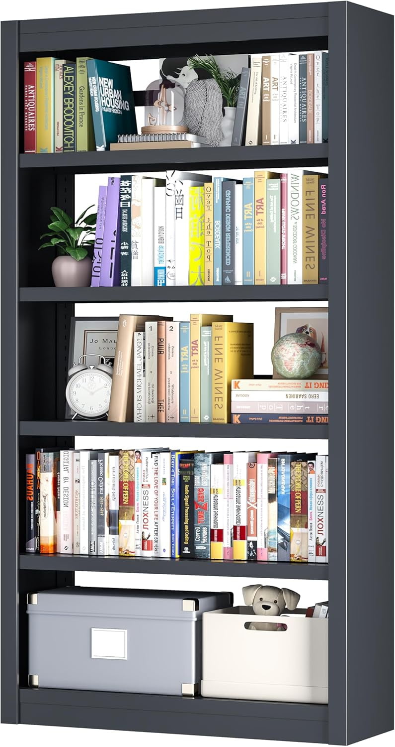 69" Metal Bookcase, 5 Tier Bookshelf with Adjustable Shelves, Heavy ...