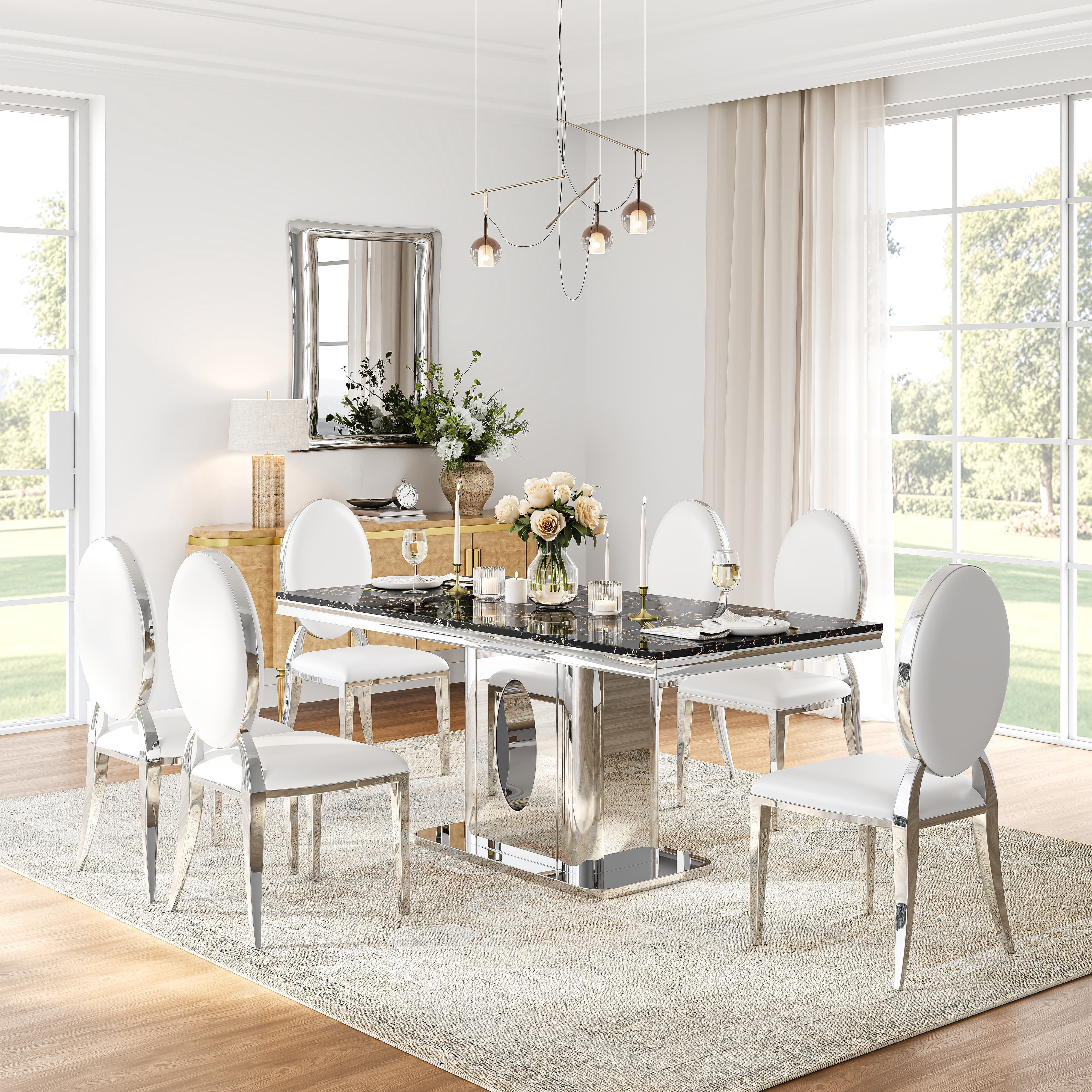 69" Modern Rectangular Dining Table Set, Faux Marble Tabletop with 6 ...