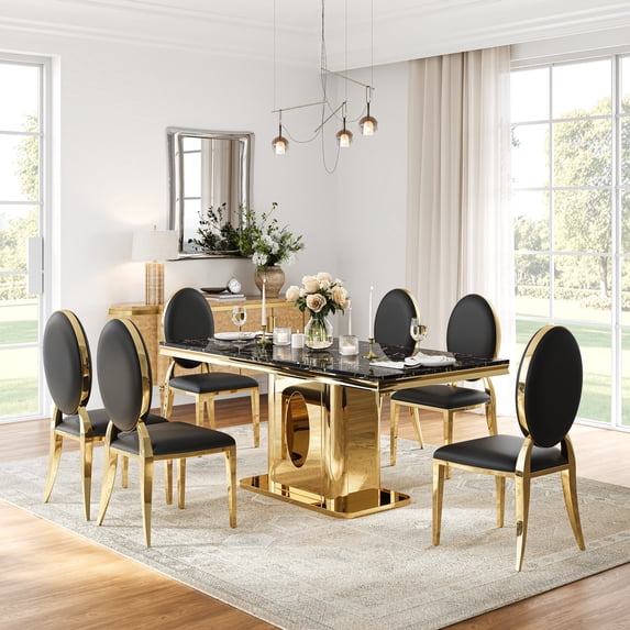 69" Modern Rectangular Dining Table Set, Faux Marble Tabletop with 6 ...