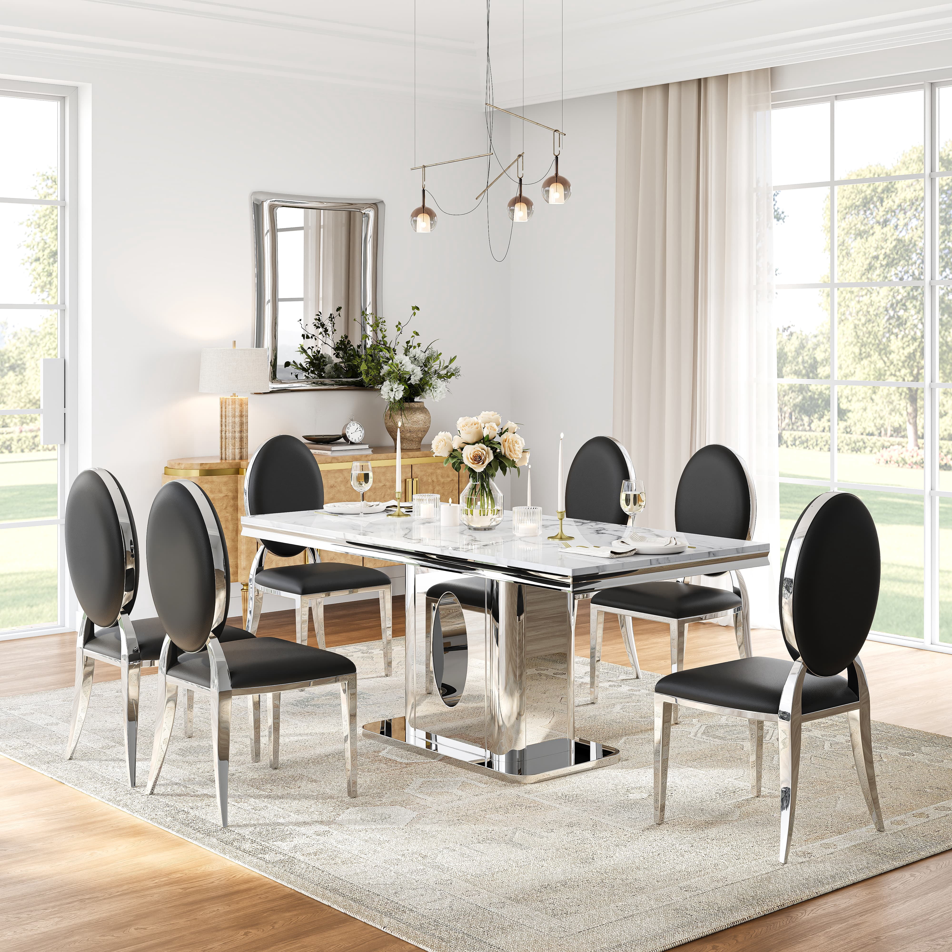 69" Modern Rectangular Dining Table Set, Faux Marble Tabletop with 6 ...