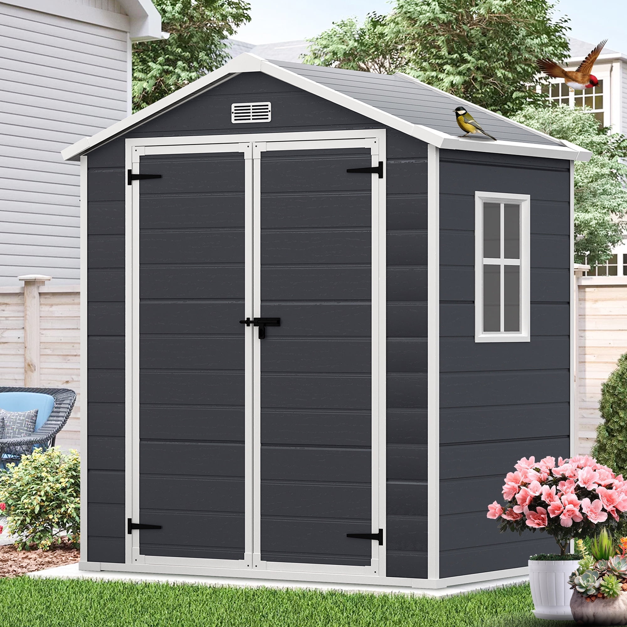 Outdoor Storage Sheds, 6x4FT Resin Shed with Floor Window, Plastic Bike ...