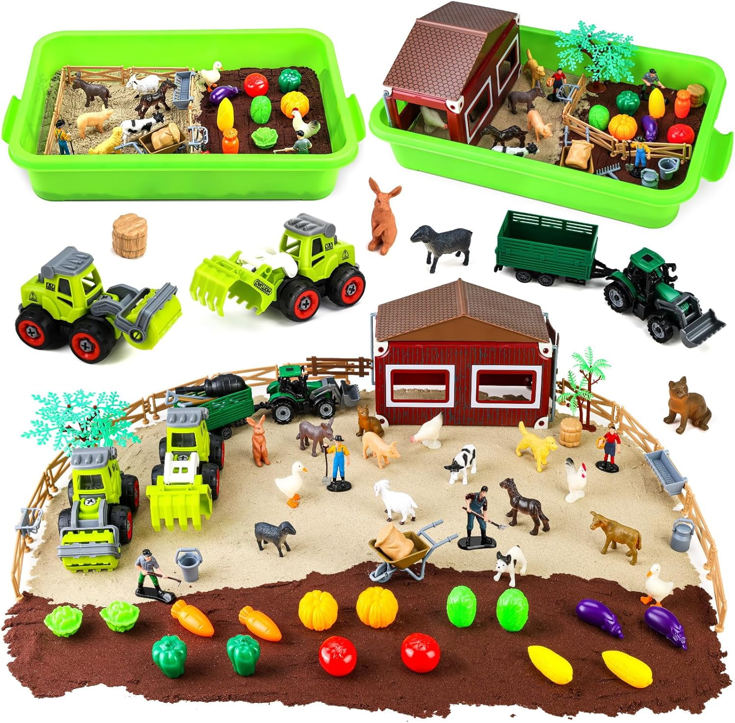 69 PCS Farm Sensory Bin Toys Playset, Sandboxes with Sand, Farmer Tractor & Farm Animals Figures ...