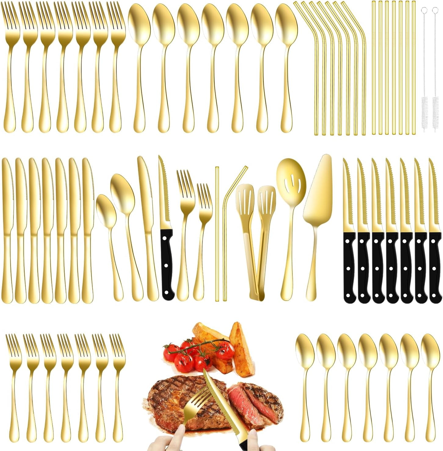 69 Piece Gold Silverware Set with Steak Knife Service For 8, Golden ...