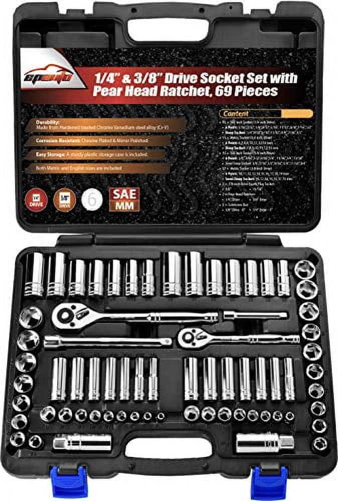 EPAuto 69-Piece 1/4 & 3/8 Drive Socket Set with Pear Head Ratchet ...