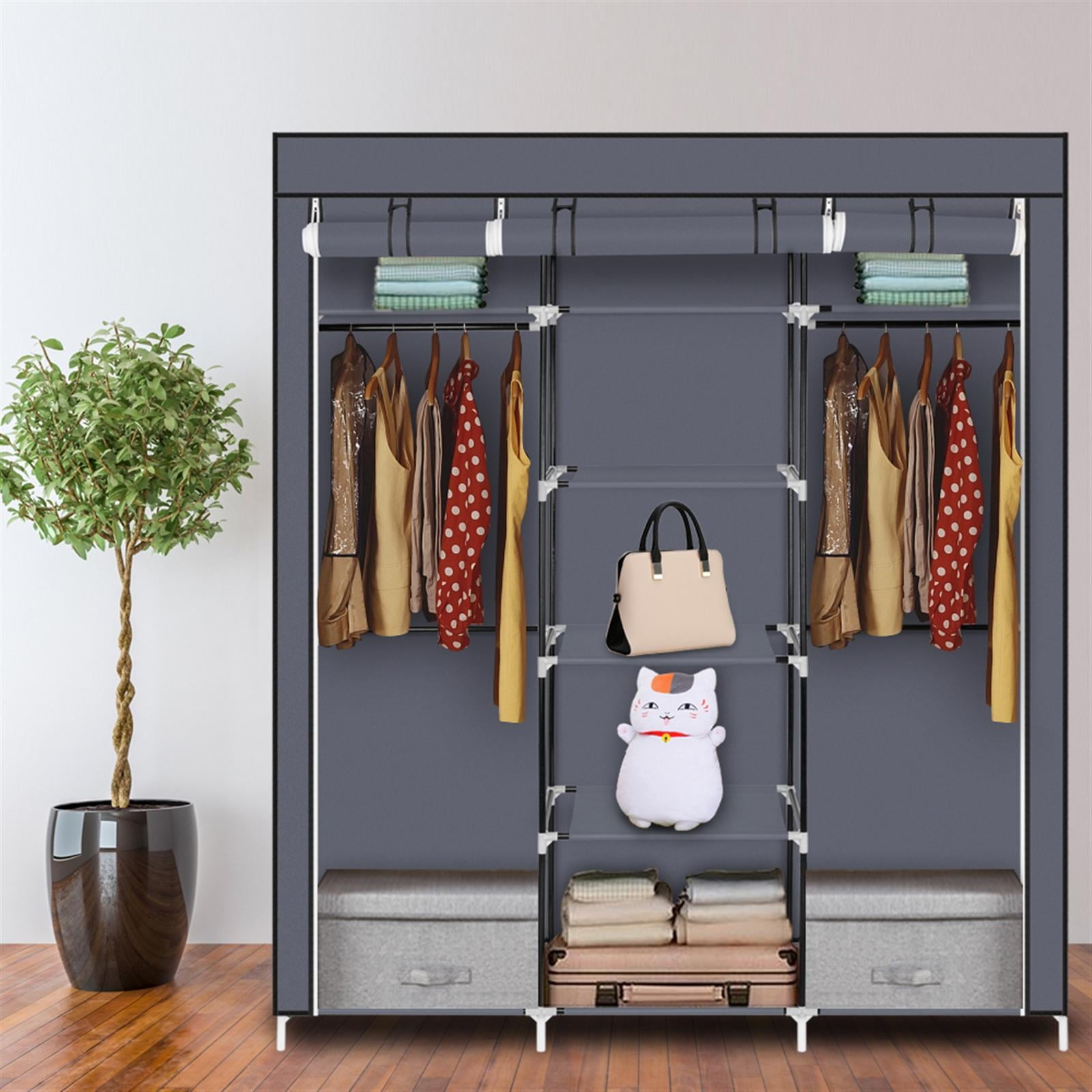 69" Portable Clothes Closet Non-Woven Fabric Wardrobe Double Rod ...