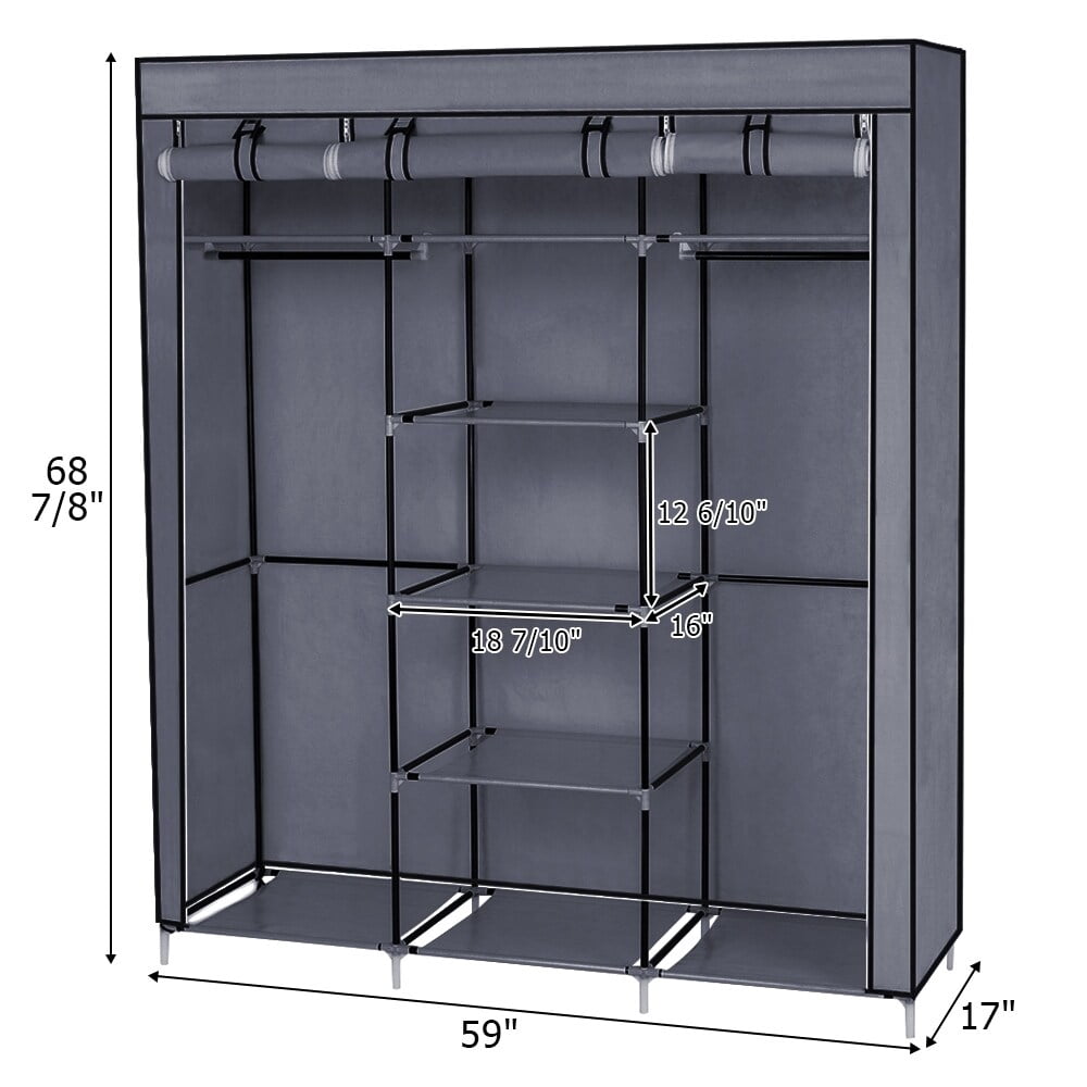 69" Portable Clothes Closet Wardrobe Double Rod Storage Organize Grey ...