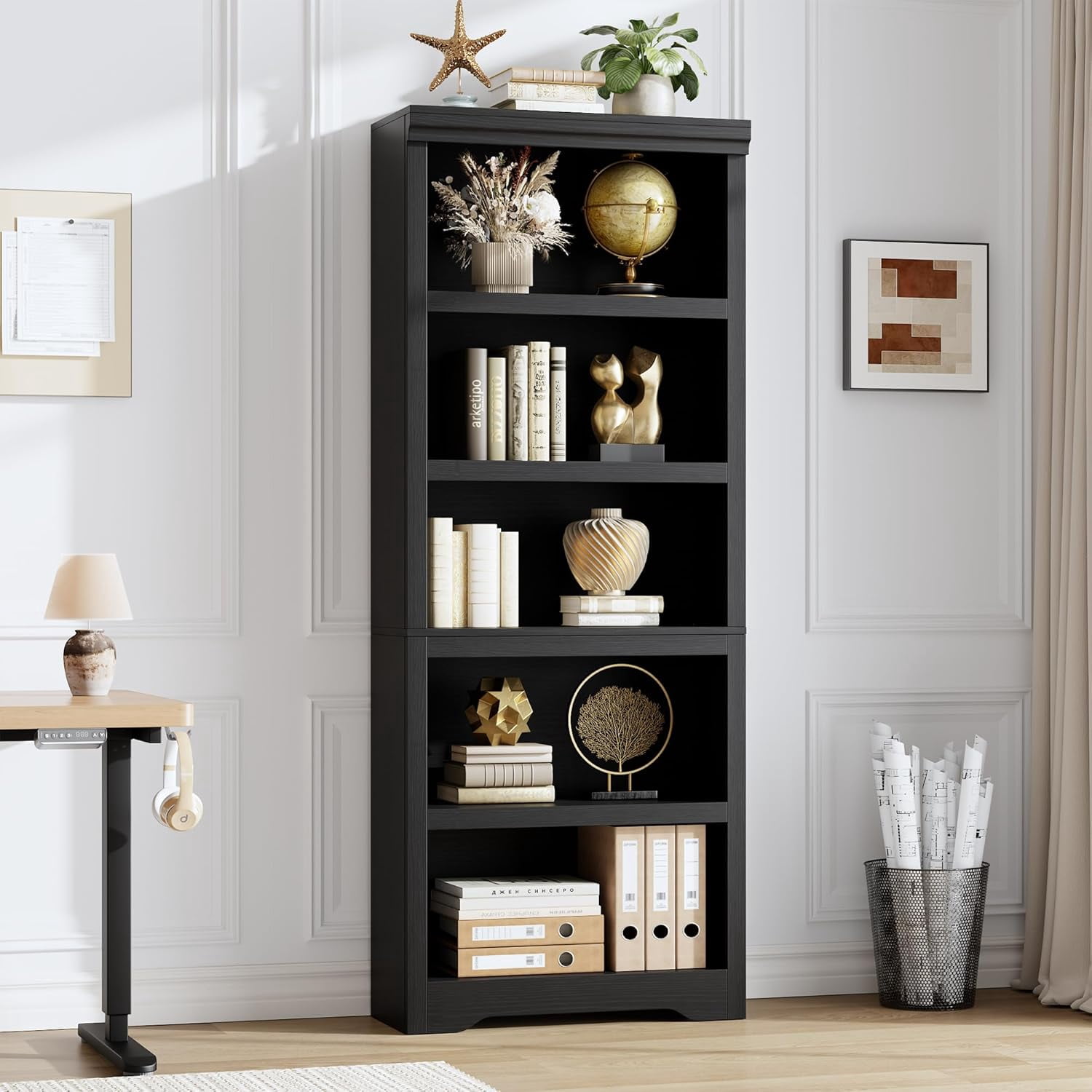 69" Tall 23.6"W 5-Tier Farmhouse Open Bookshelf, Wooden Display Storage ...
