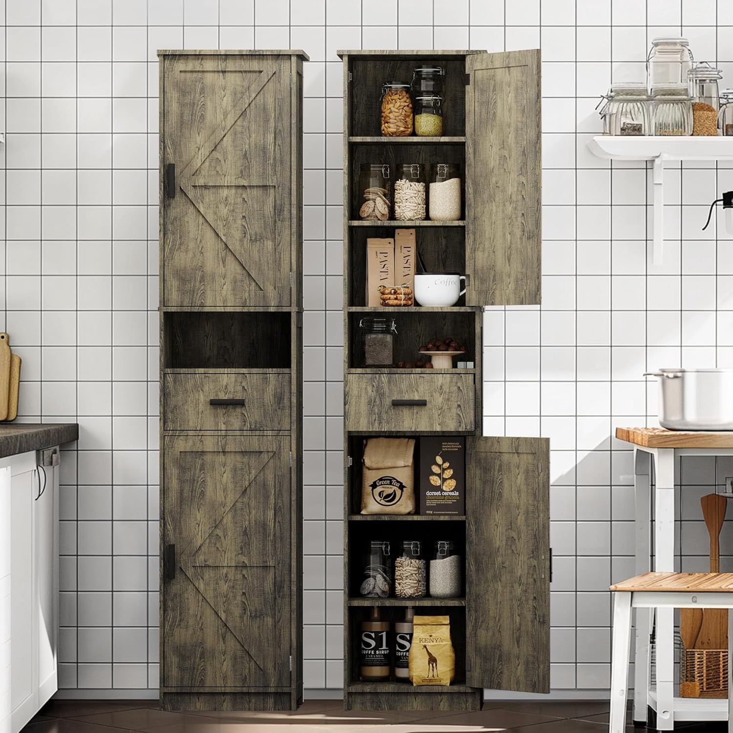 69“ Tall Bathroom Cabinet Features 2 Doors, 1 Open Shelf Drawer, and 1 ...