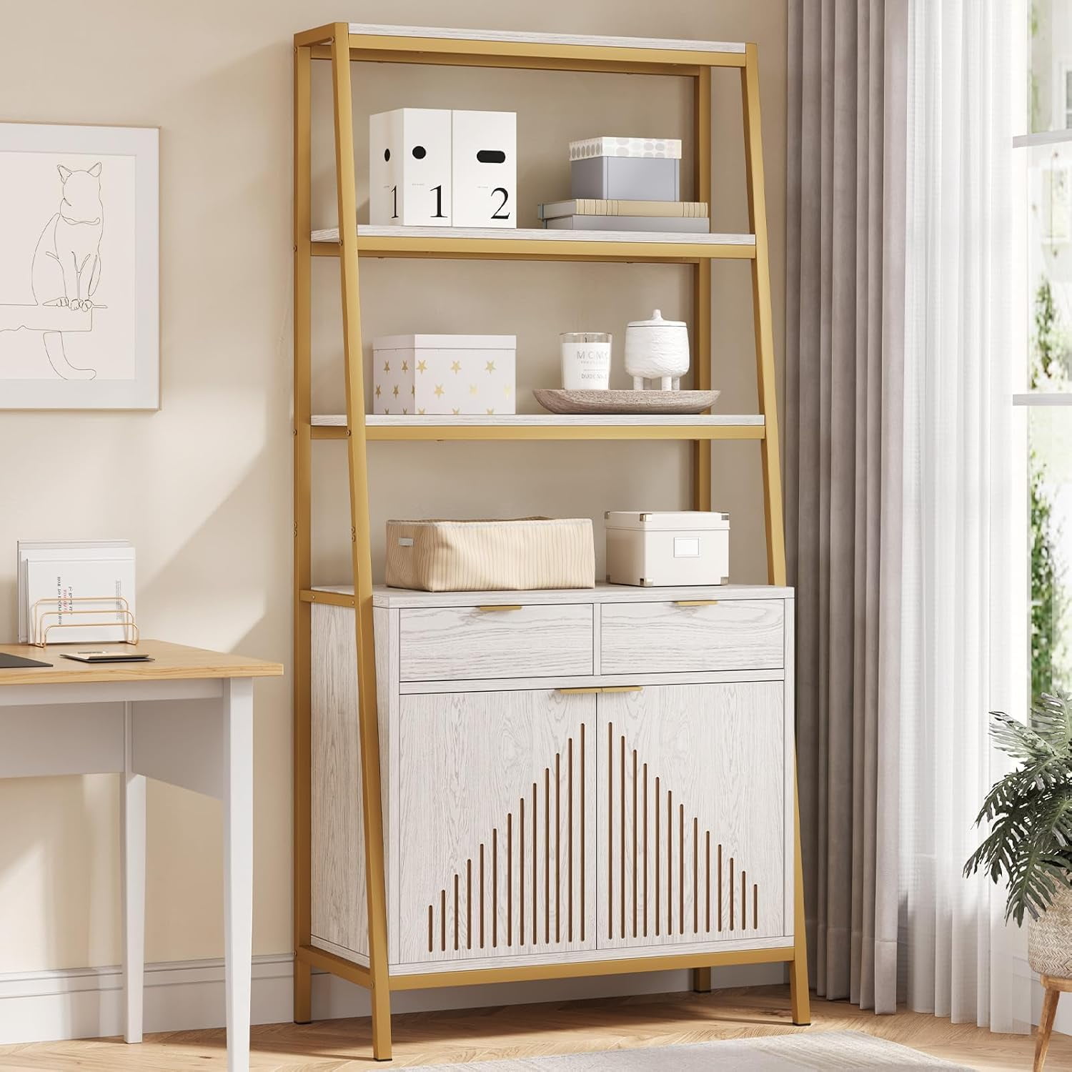 69" Tall Bookcase, 6-Tier White and Gold Bookshelf with 2 File Cabinet ...
