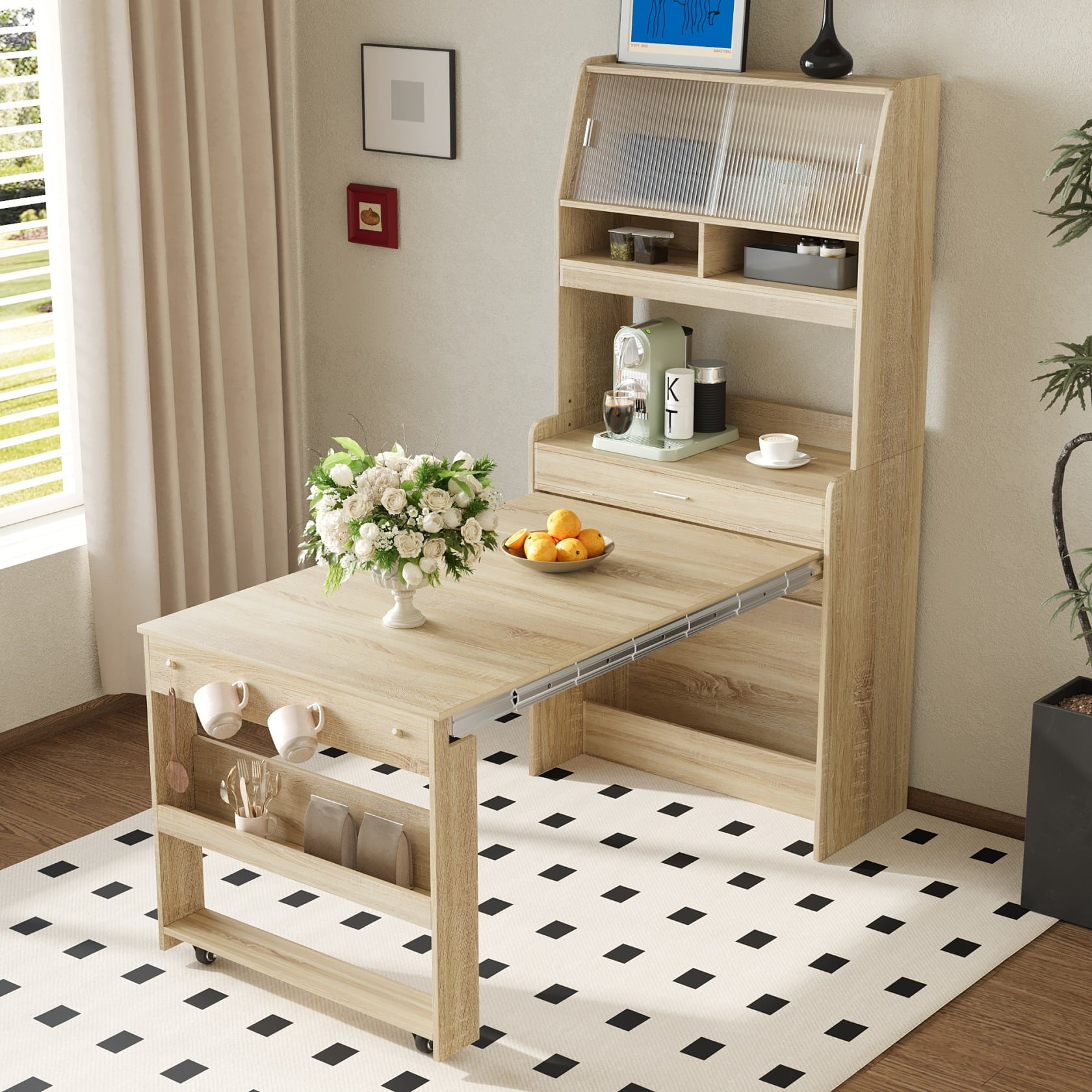 69'' Tall Compact Buffet with Hutch,Foldable Dining Table with 2 ...