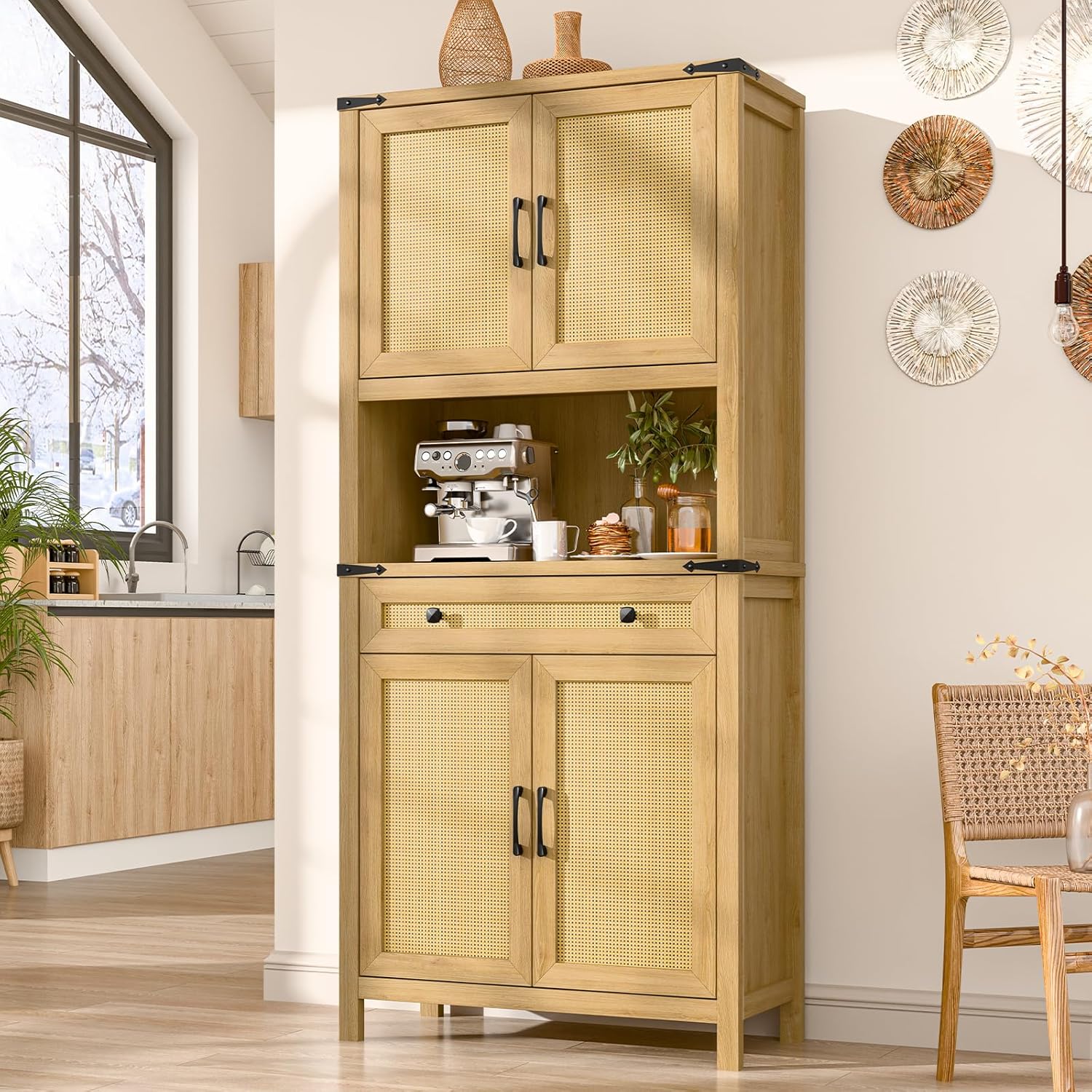 69'' Tall Kitchen Pantry, Storage Cabinet with Rattan Doors, Adjustable ...