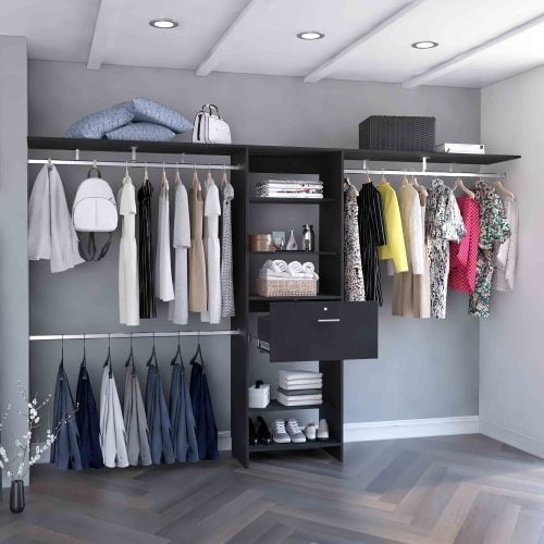 69"W - 118"W Drawers Closet System, Five Shelves, Four Hanging Rods ...