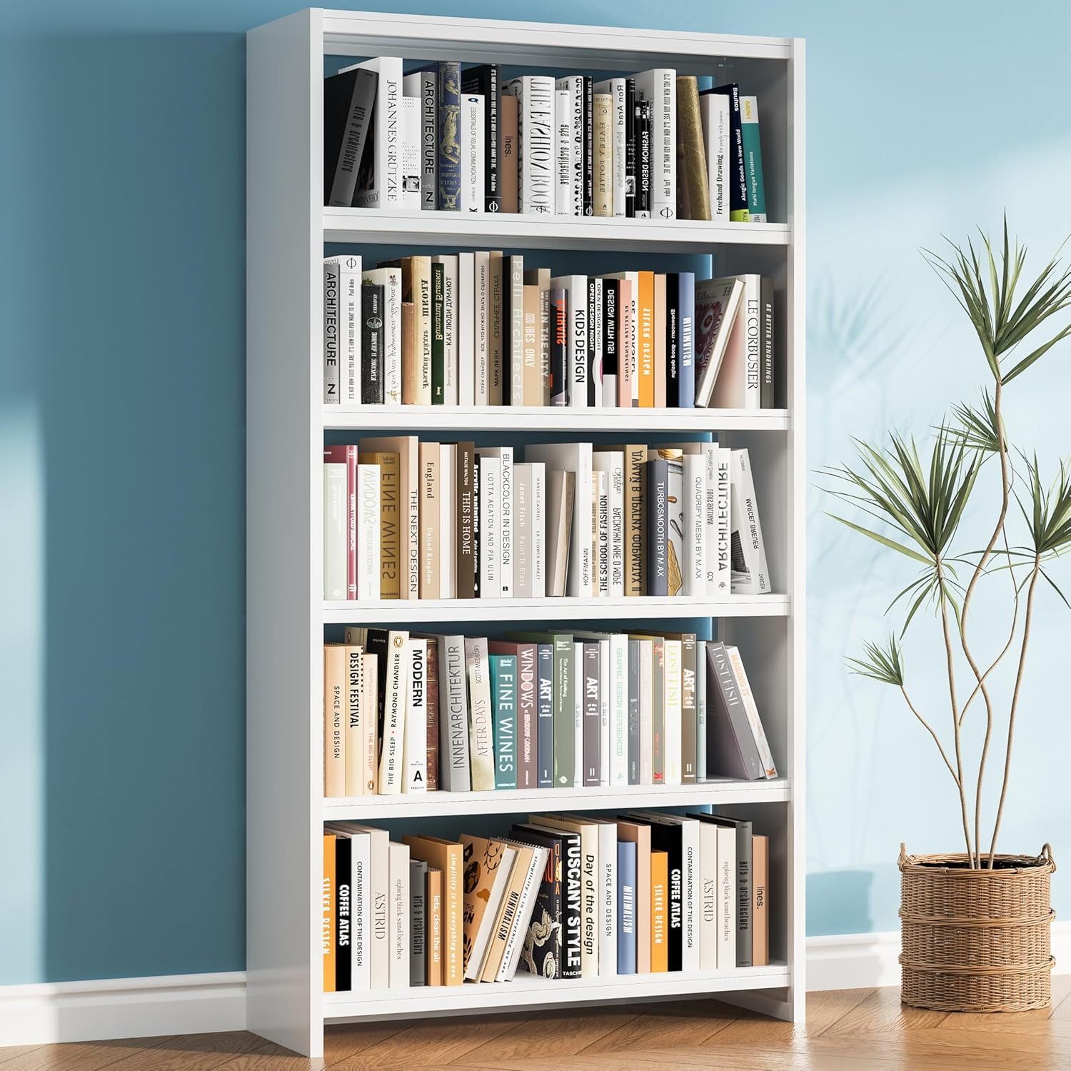 69" White Bookshelf, 5 Tier Tall Bookcase with Bookend, Large Metal ...