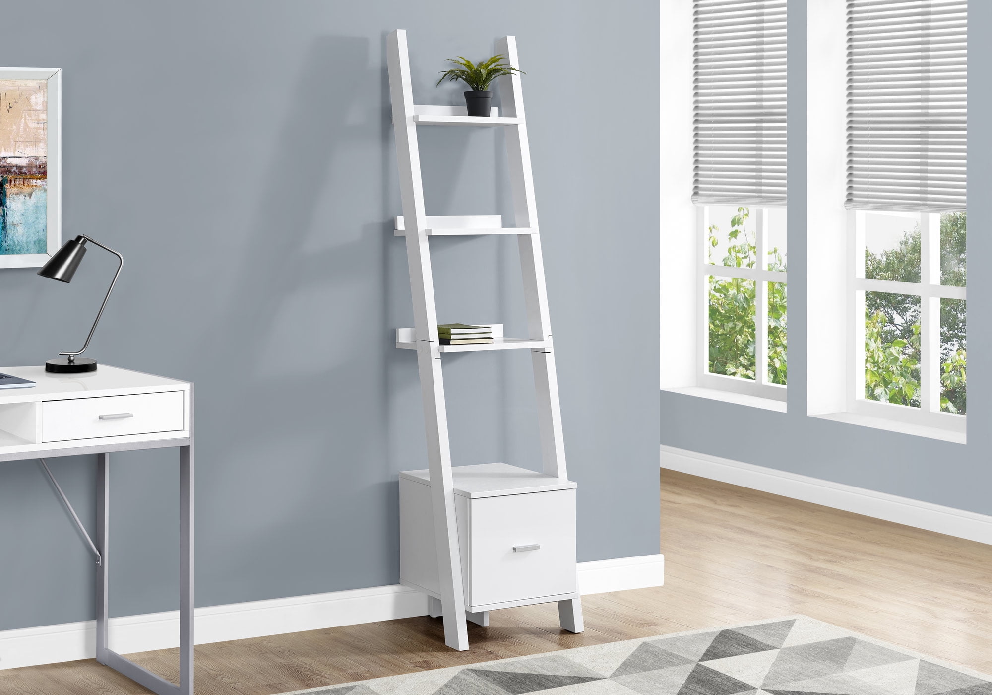 69" White Particle Board Ladder Bookcase with a Storage Drawer ...