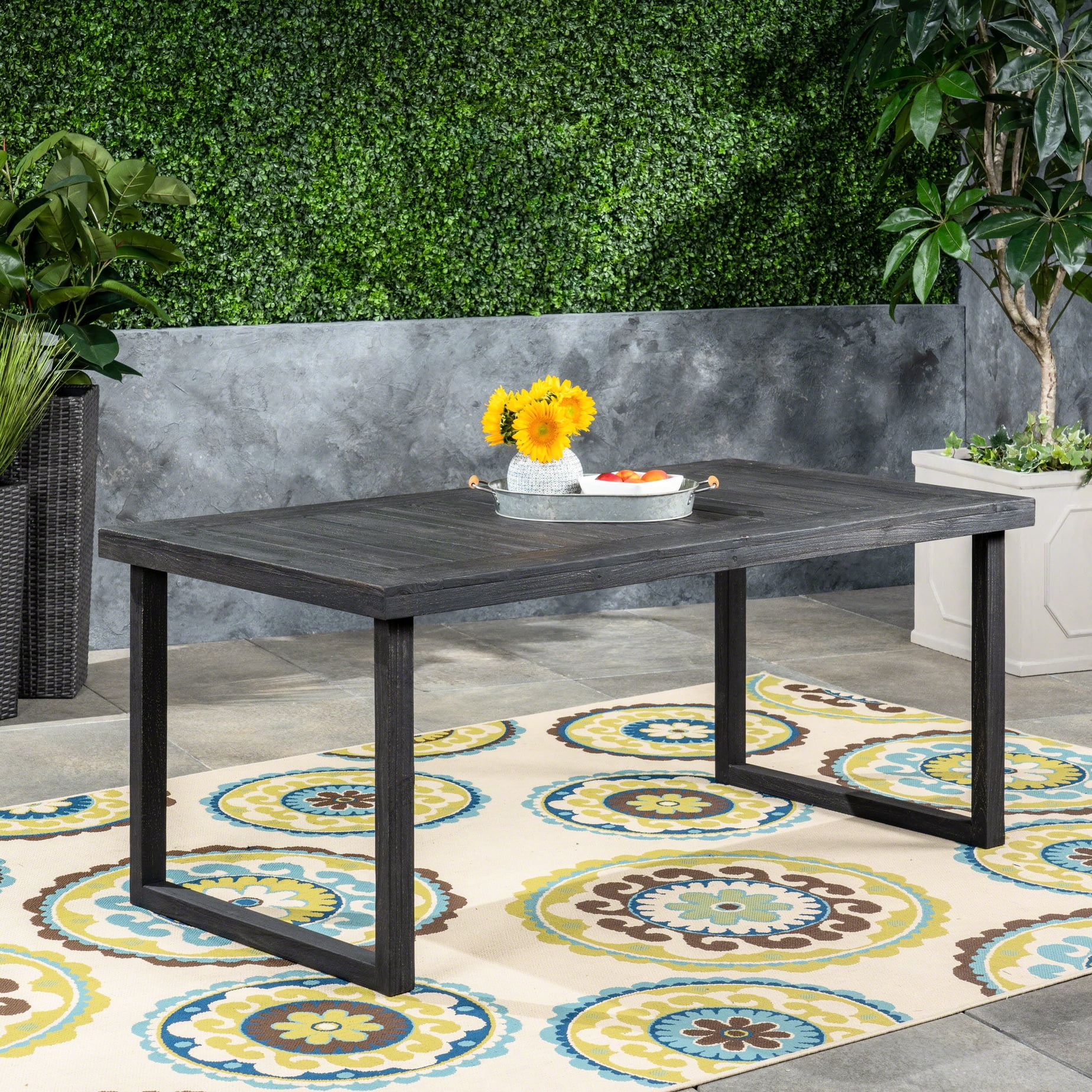 69" Wood Outdoor Table, Dark Gray Sandblast Treatment Dining Table In ...