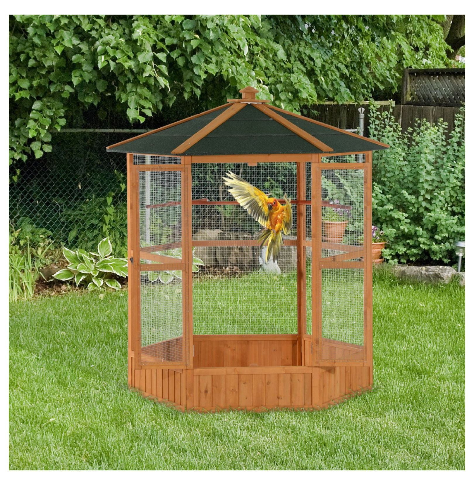 69" Wooden Bird Aviary - Hexagonal Outdoor Flight Cage with Roof, Brown ...