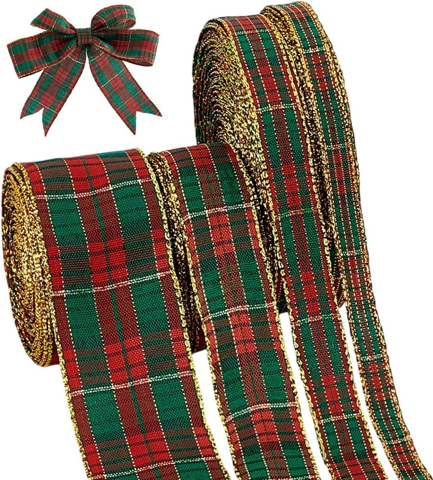 69 Yards Christmas Plaid Ribbon Red and Green Ribbon with Gold Edges 4 Sizes Christmas Striped ...