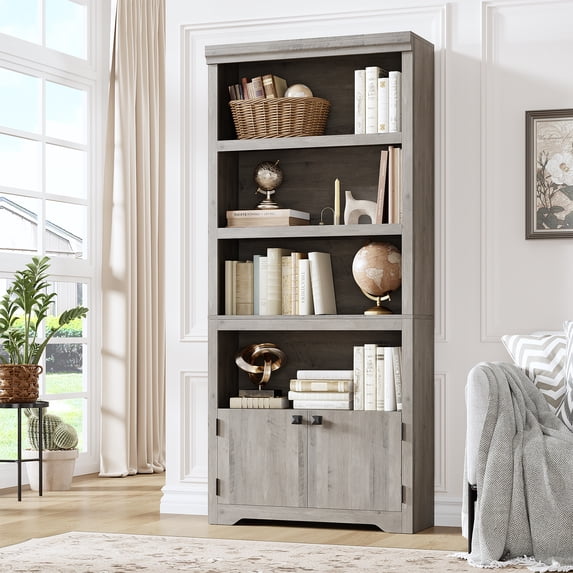 69 inch 5 Tier Bookcase with Doors and Adjustable Shelves, Modern MDF ...
