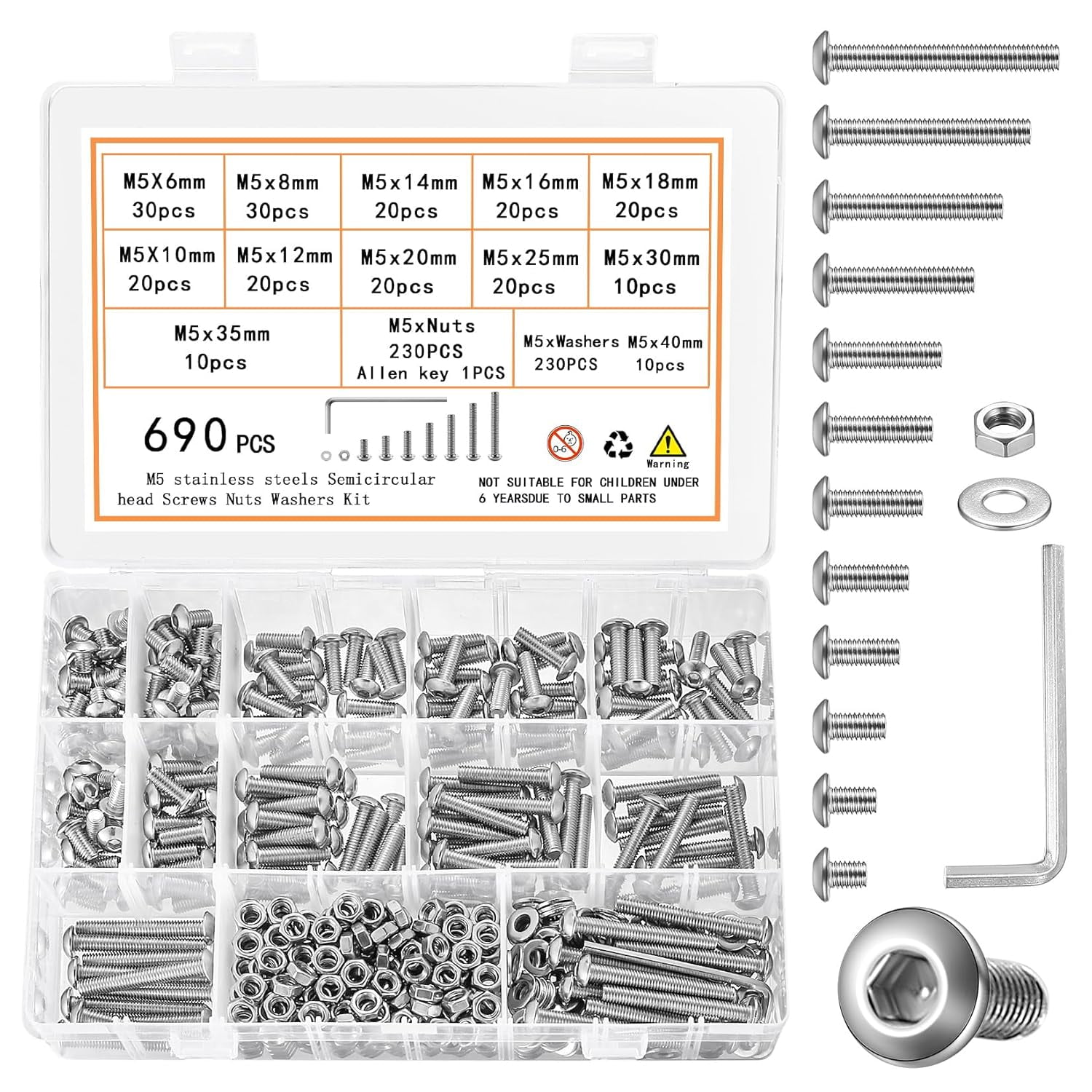 690 Pcs M5 Nuts and Bolts Assortment Kit, Pan Head Machine Screws and ...
