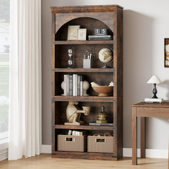 69Inch Arched Bookshelf,5 Tier Wooden Farmhouse Bookcase with Wooden ...
