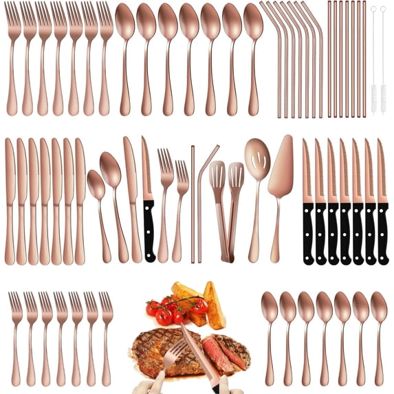 69pcs Rose Gold Silverware Set with Steak Knife Service For 8, Flatware ...