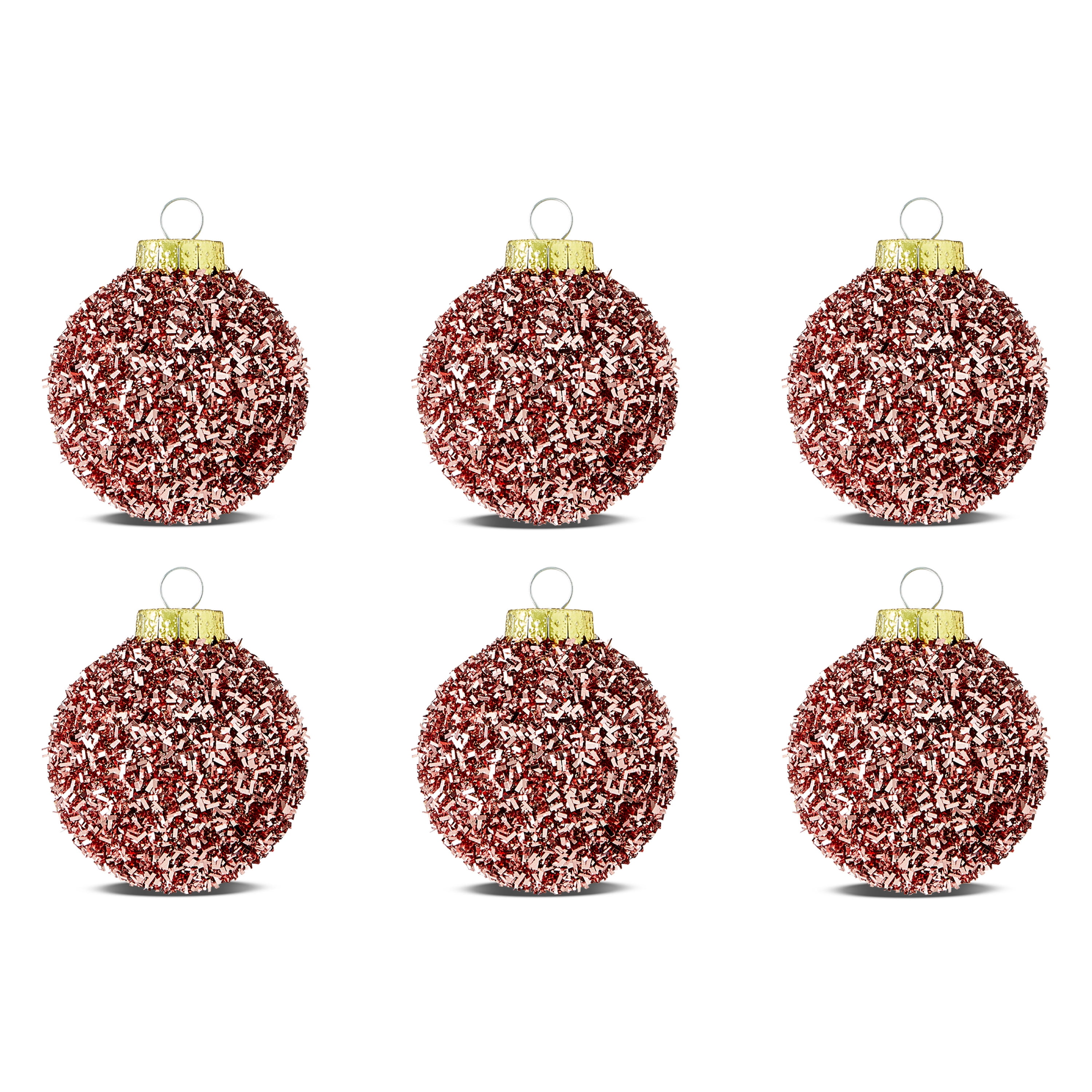 Blush Pink Tinsel Ball Christmas Ornaments, 2.5", 6 Count, by Holiday ...