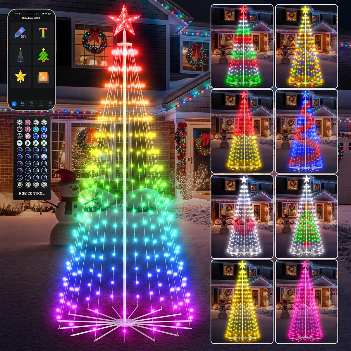6FT Christmas Cone Tree Light, 265 LED, 46 Modes, DIY Timer, Dimmable ...