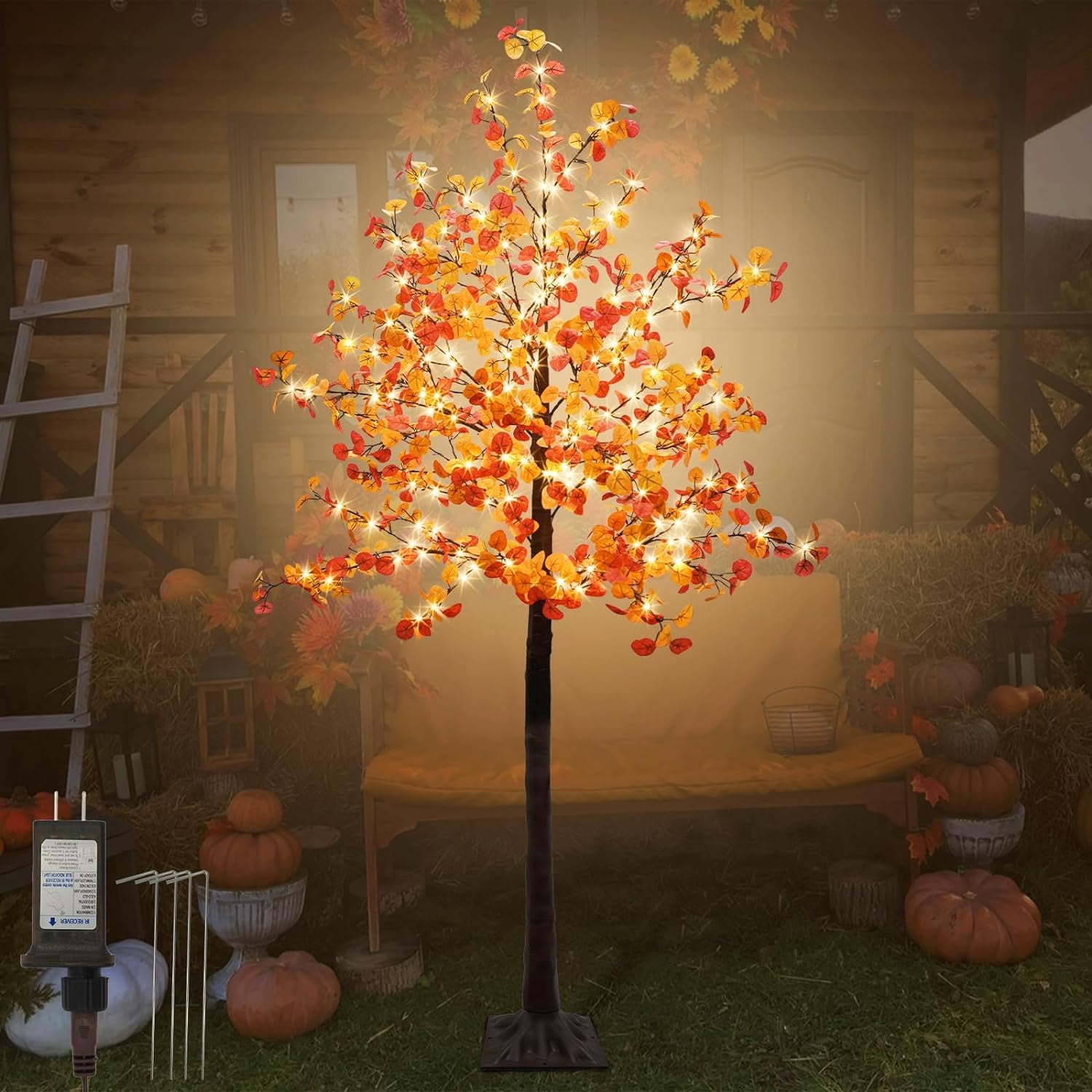 6FT 240LED Lighted Fall Eucalyptus Tree Fall Decor Artificial Light Up ...