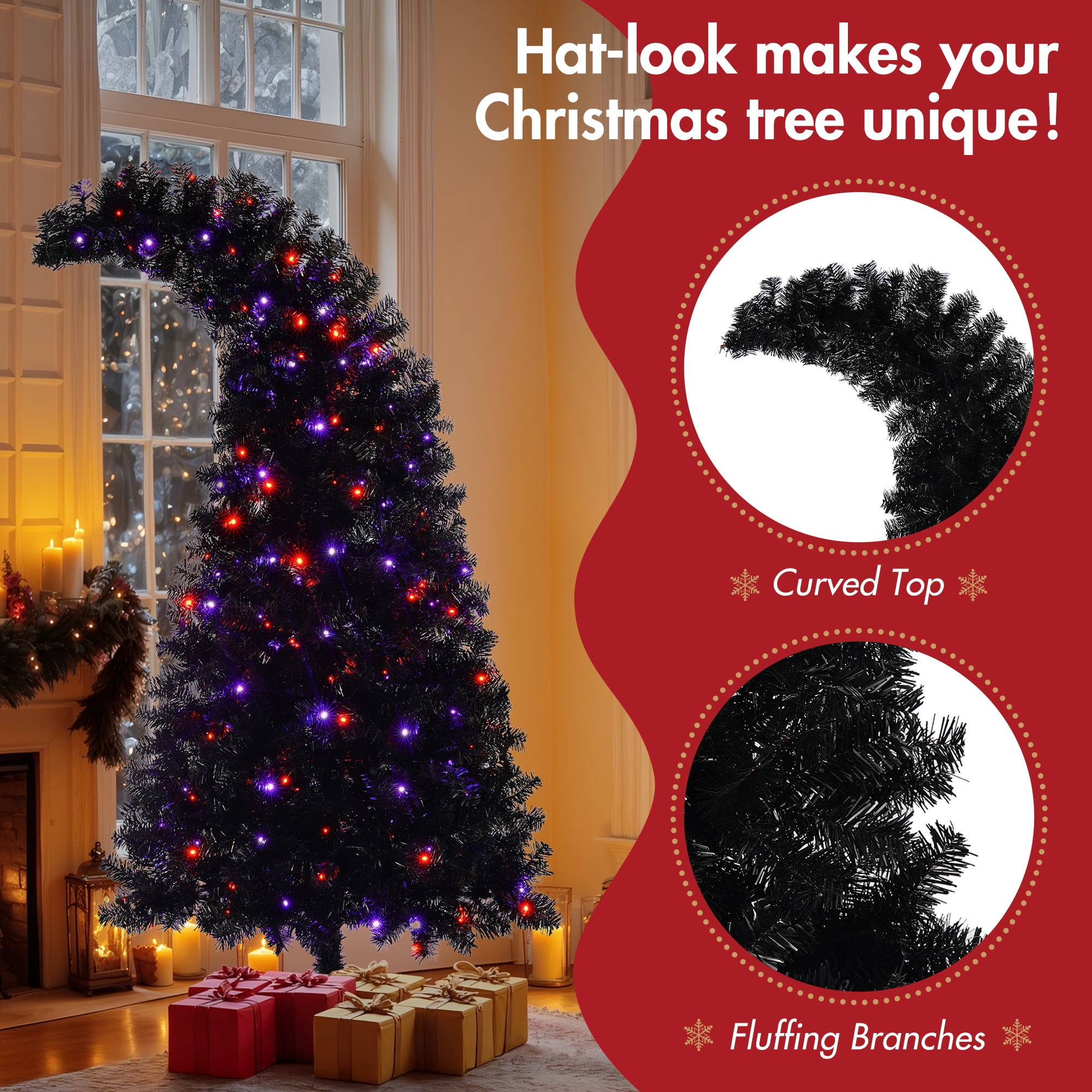 6FT Artificial Christmas Tree with LED Light, Pre-Lit Curved Shape ...
