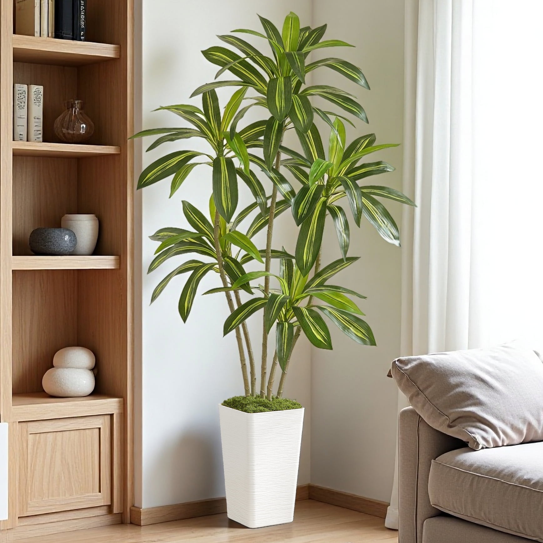 6FT Artificial Dracaena Tree with White Planter and Fake Moss - Real ...