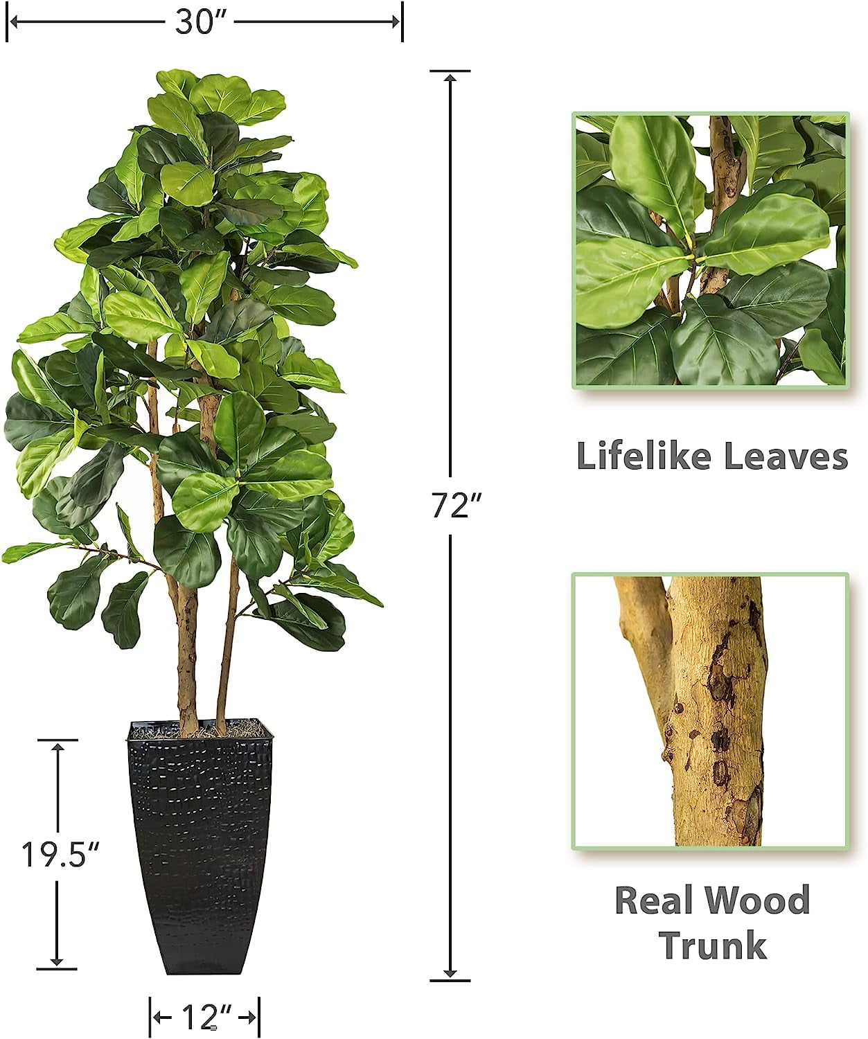 6FT Artificial Fig Tree with Real-Wood Trunk & Black Metal Pot - Indoor ...