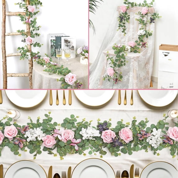 6FT Artificial Garland With Roses White Flowers Green Leaves Floral ...