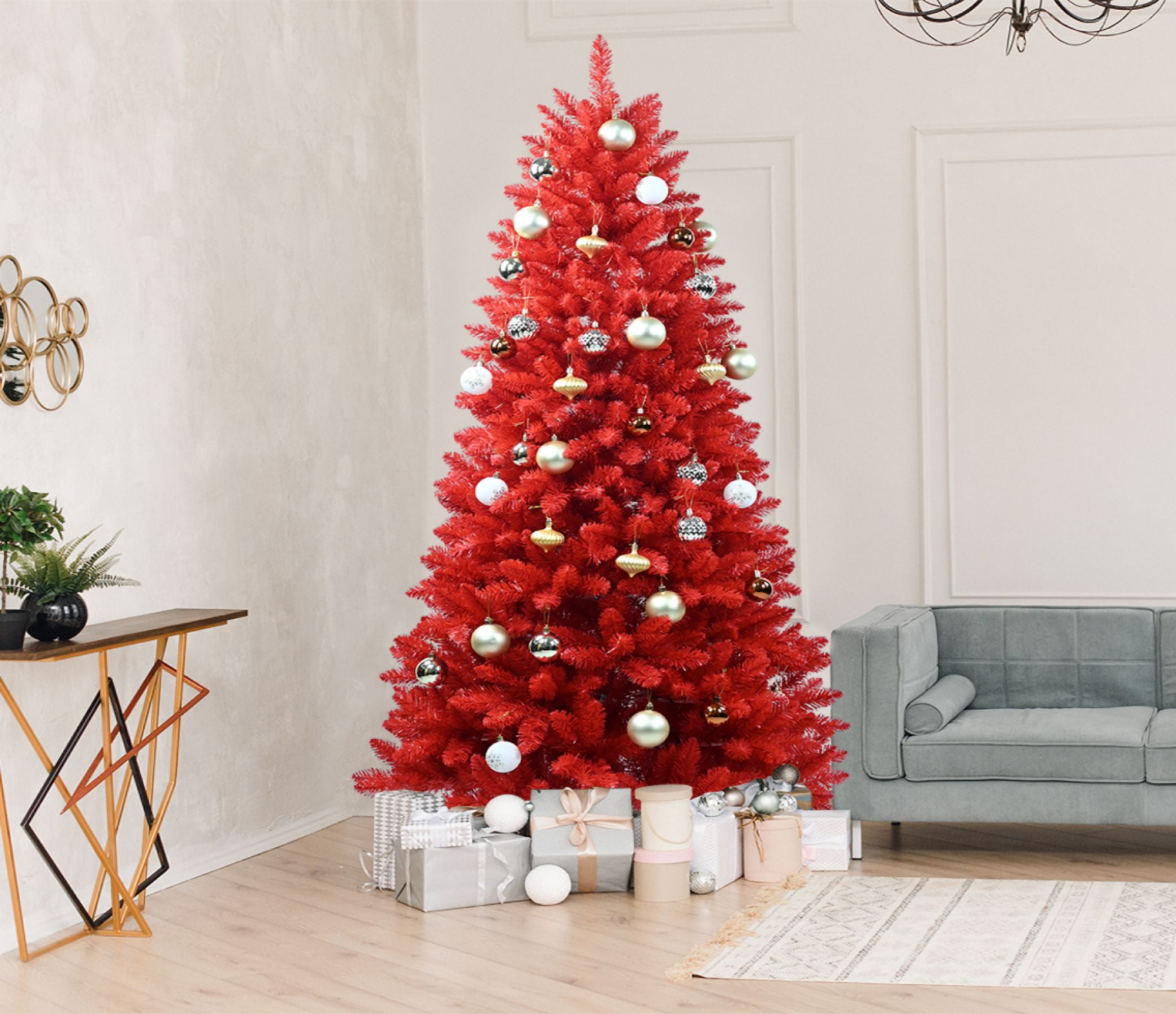 6FT Artificial Red Christmas Tree, Xmas Tree with Metal Foldable Stand ...