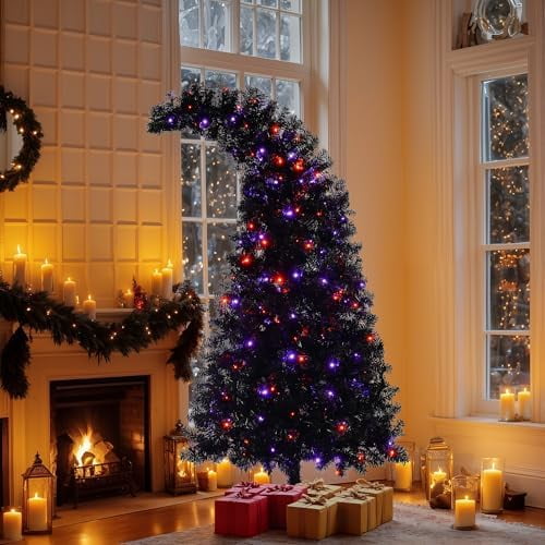6FT Black Pre-Lit Artificial Christmas Tree with LED Light, Bendable ...