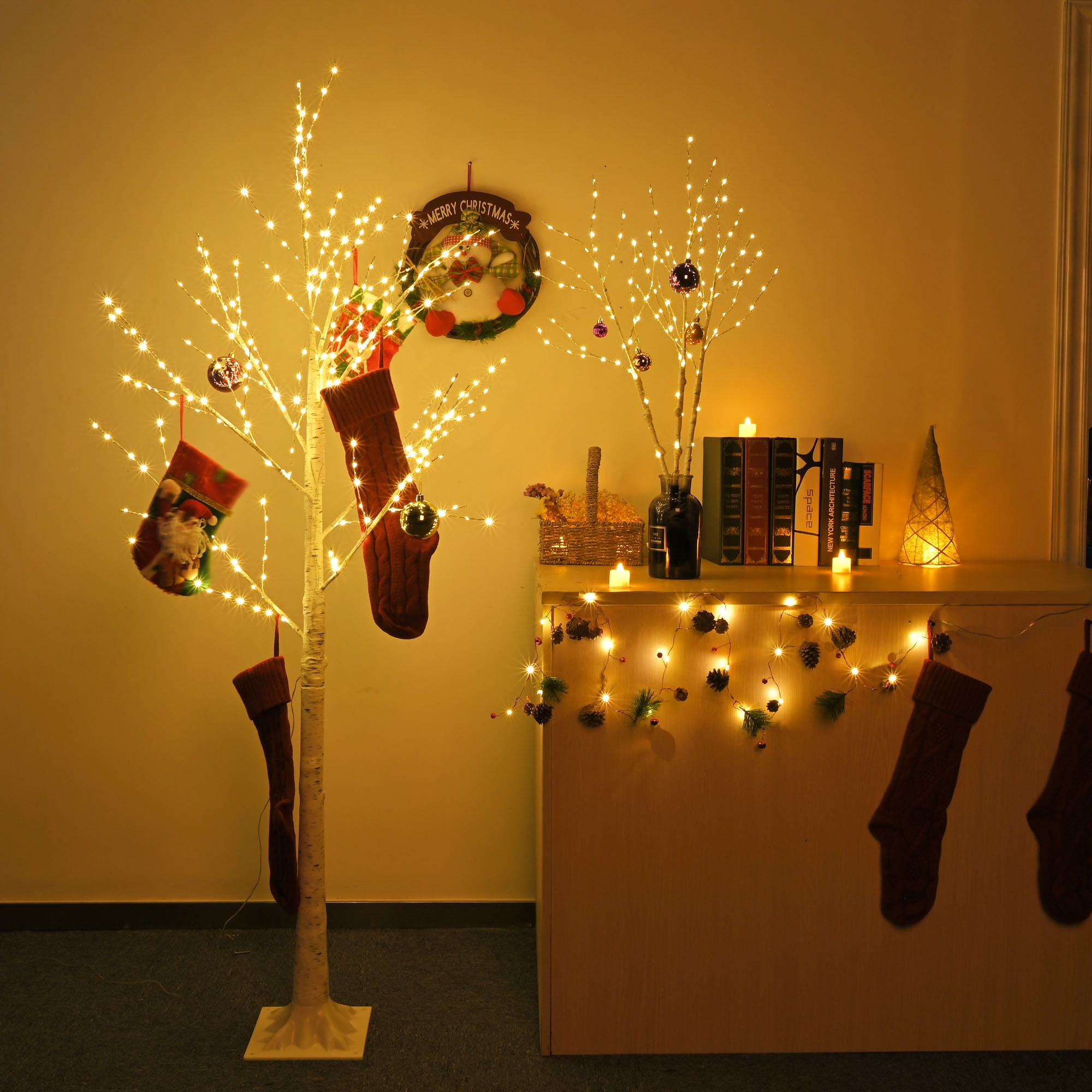6FT Christmas Decorations Lighted Birch Tree with 305 LEDs Warm White ...