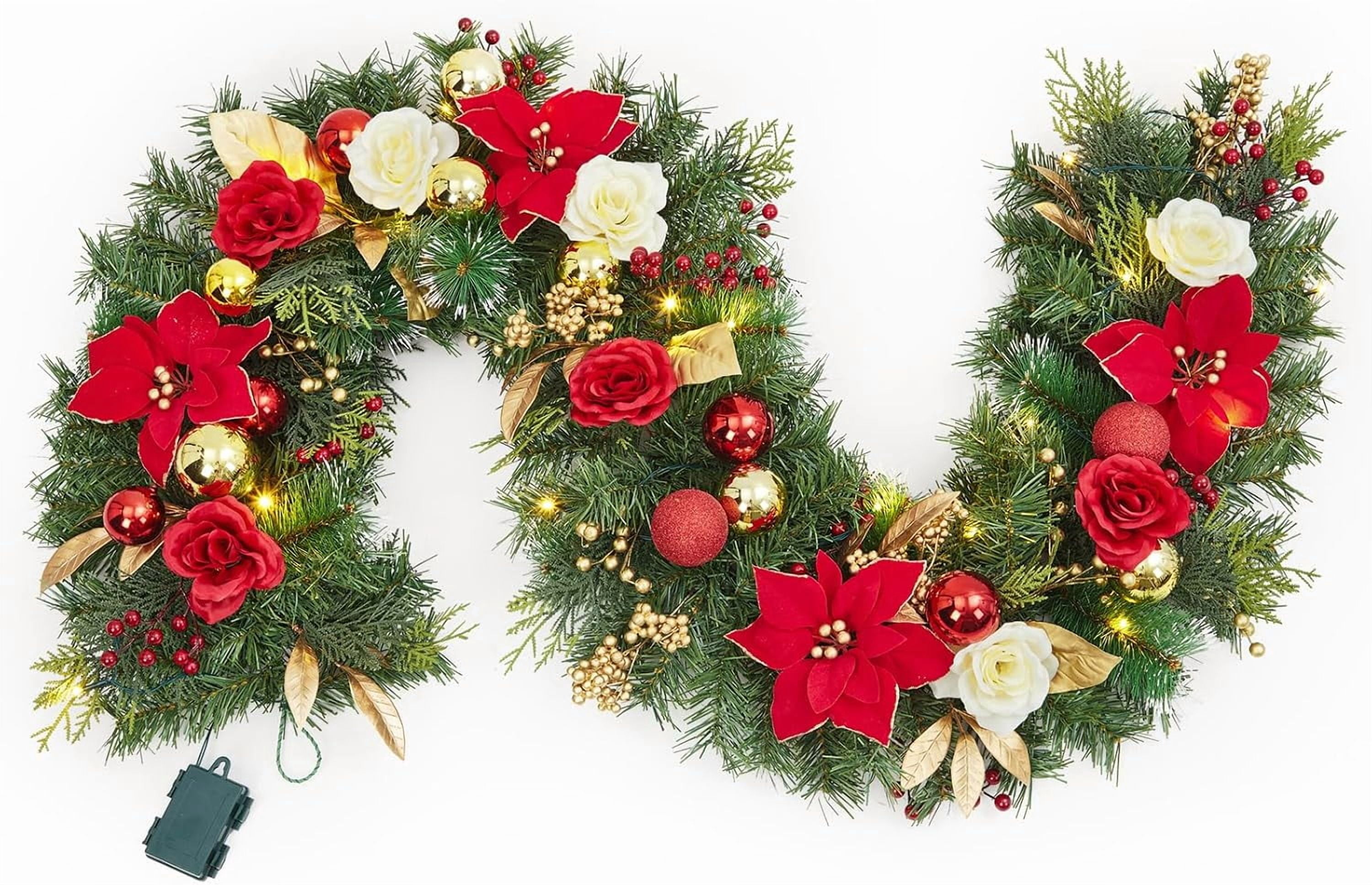 6FT Christmas Garland with Lights, Christmas Wreath 8-Mode Battery ...