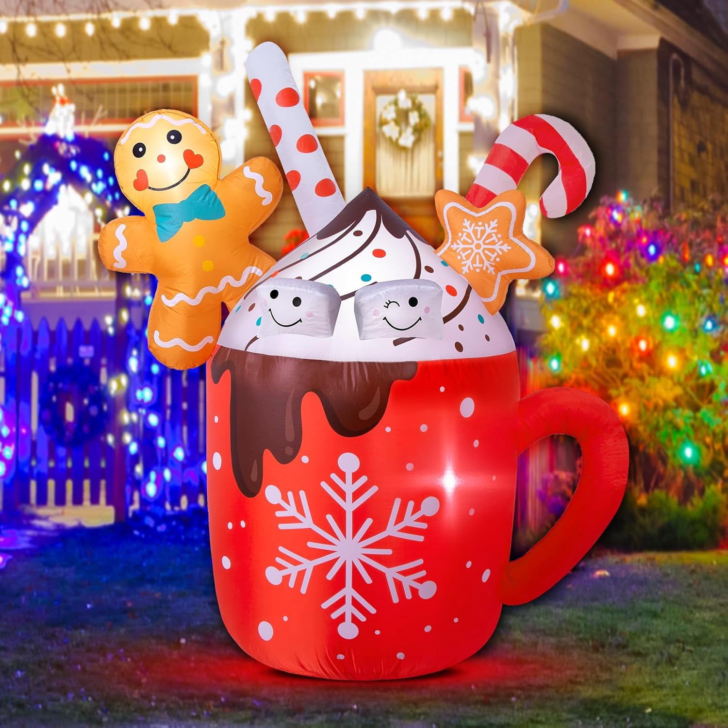 6ft Christmas Inflatable Gingerbread Man In Cocoa Mug With Bright Led