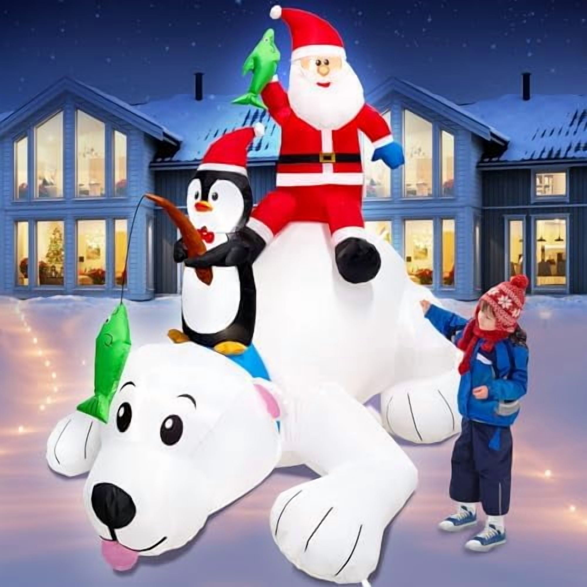 6FT Christmas Inflatable Santa & Penguin Riding Polar Bear Fishing ...