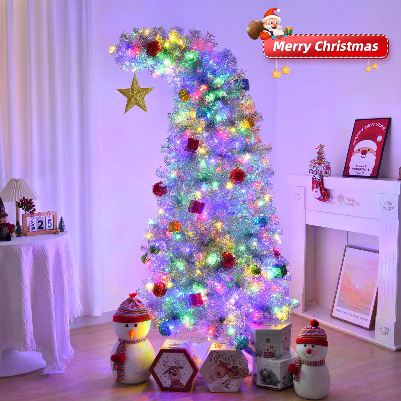 6FT Christmas Tree, Prelit Christmas Tree with Golden Star, Bend Top ...