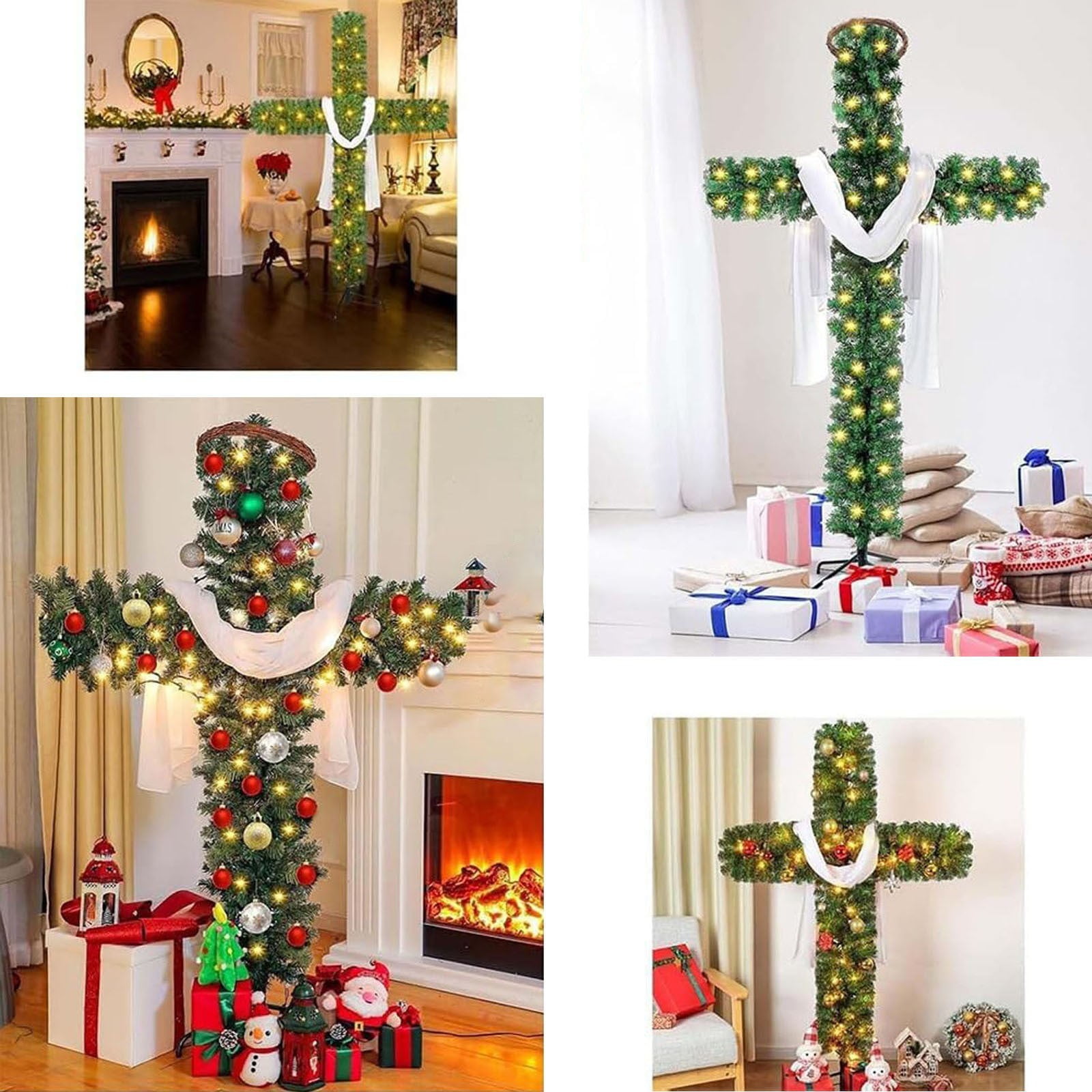 6FT Cross Christmas Tree with Lights, Prelit Artificial Pine Cross with ...