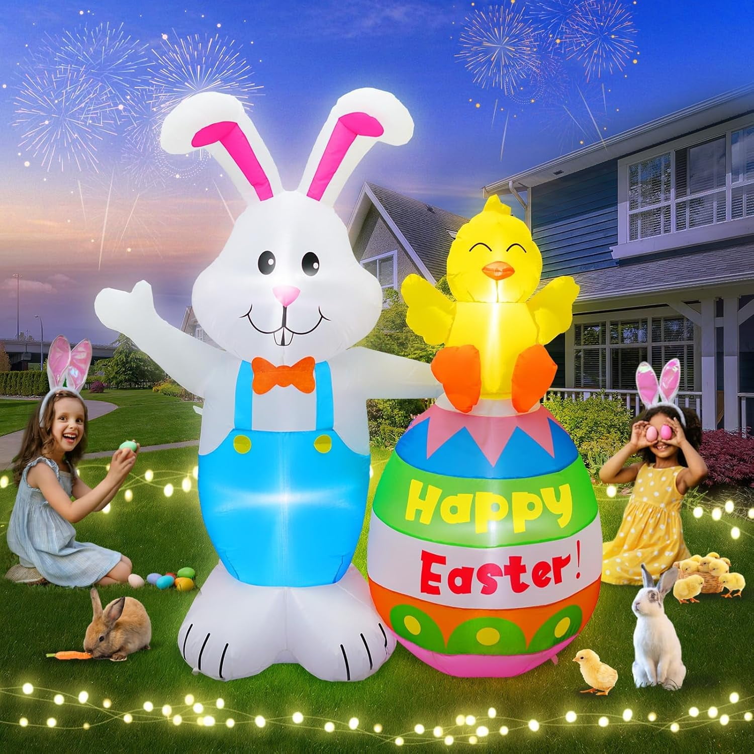 6FT Easter Inflatables Bunny & Chick Sitting on Easter Egg Decoration ...