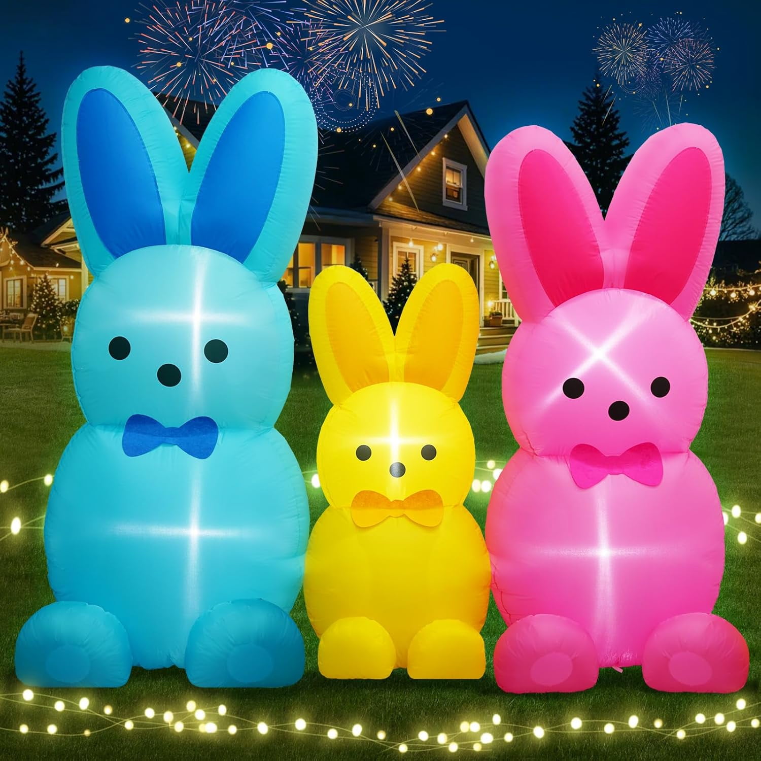 6FT Easter Inflatables Three Blue Yellow Pink Bunny Family Decoration ...