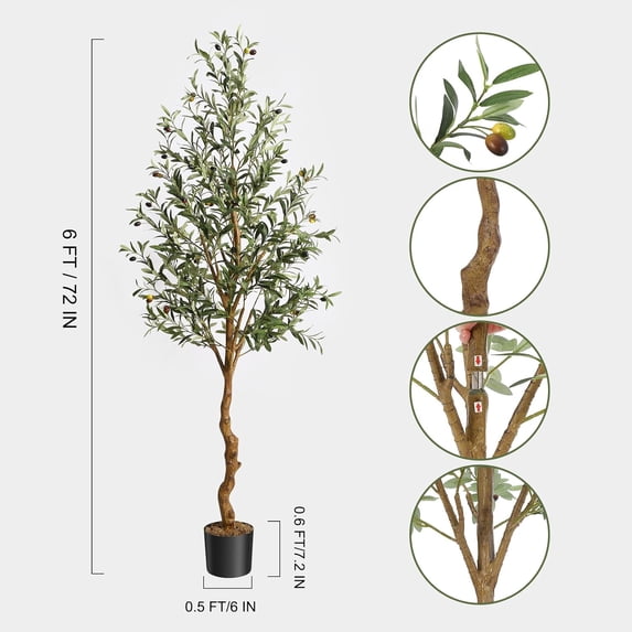 6FT Faux Olive Tree with Silk Leaves and Lifelike Fruits for Indoor ...