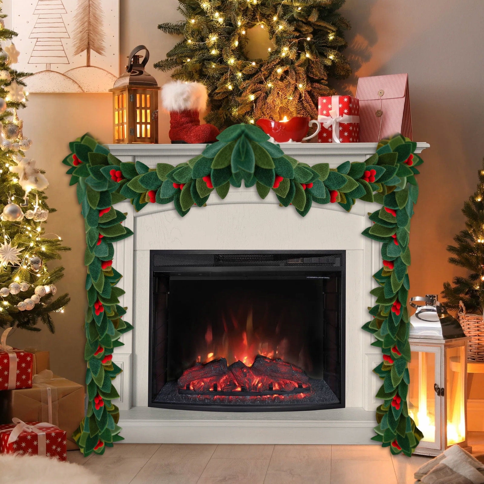 6FT Felt Holly Christmas Garland, Xmas Leaves Mistletoe Garlands ...