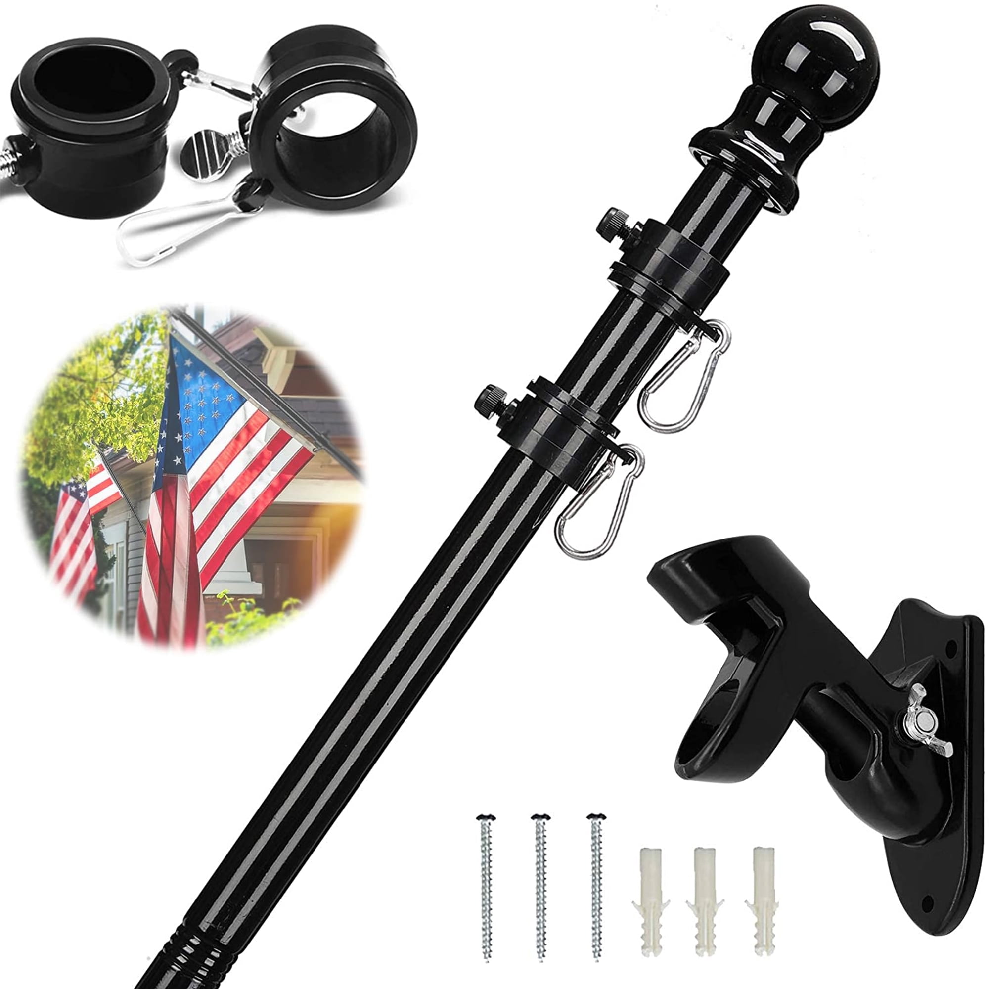 6FT Flag Pole Kit Heavy Duty Bracket Metal Pole With 2 Rotating Rings ...