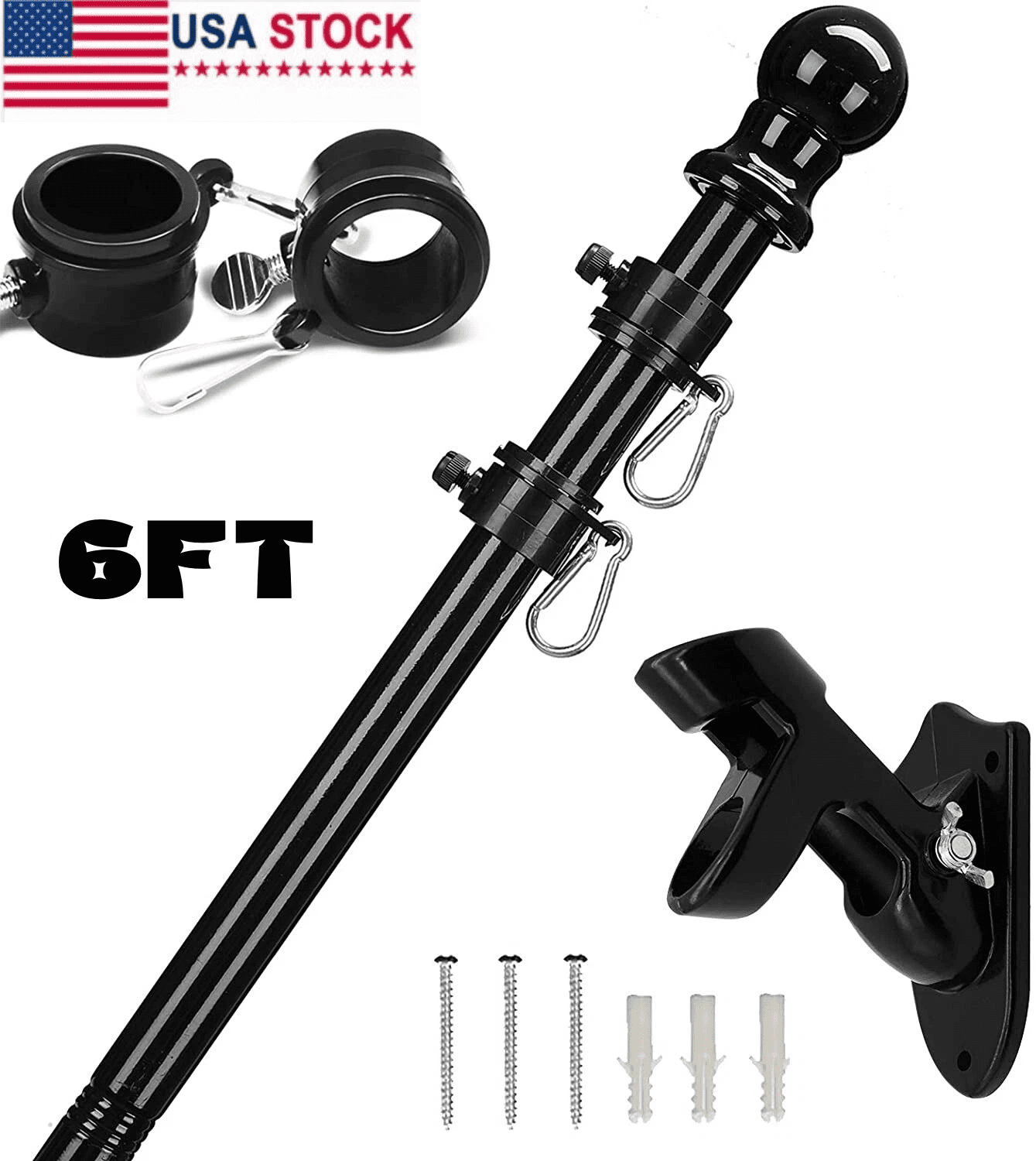 6FT Flag Pole Kit Heavy Duty Bracket Metal Pole with 2 Rotating Rings ...