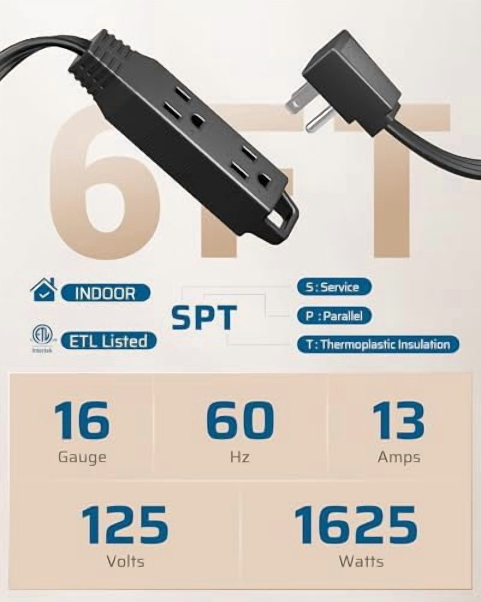 6FT Flat Plug Extension Cord Christmas, 3 Prong Ultra Thin Power Strip ...